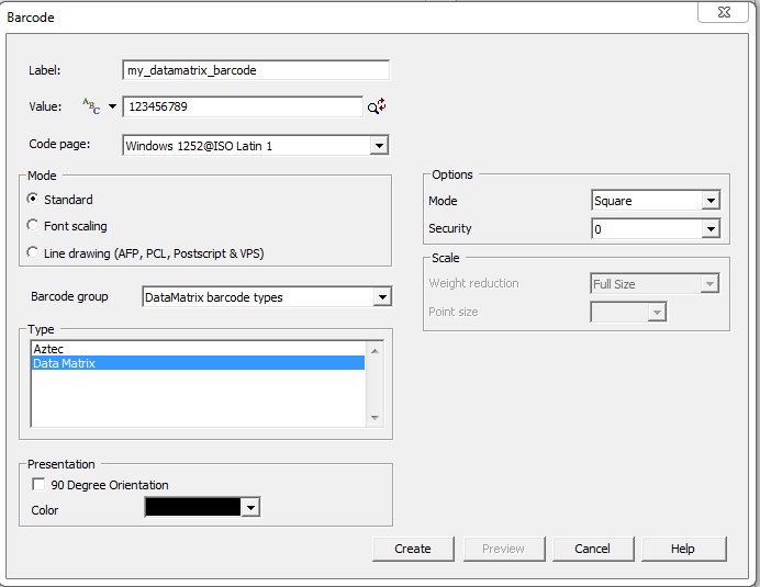 How to insert a Datamatrix barcode in Doc1 Designer