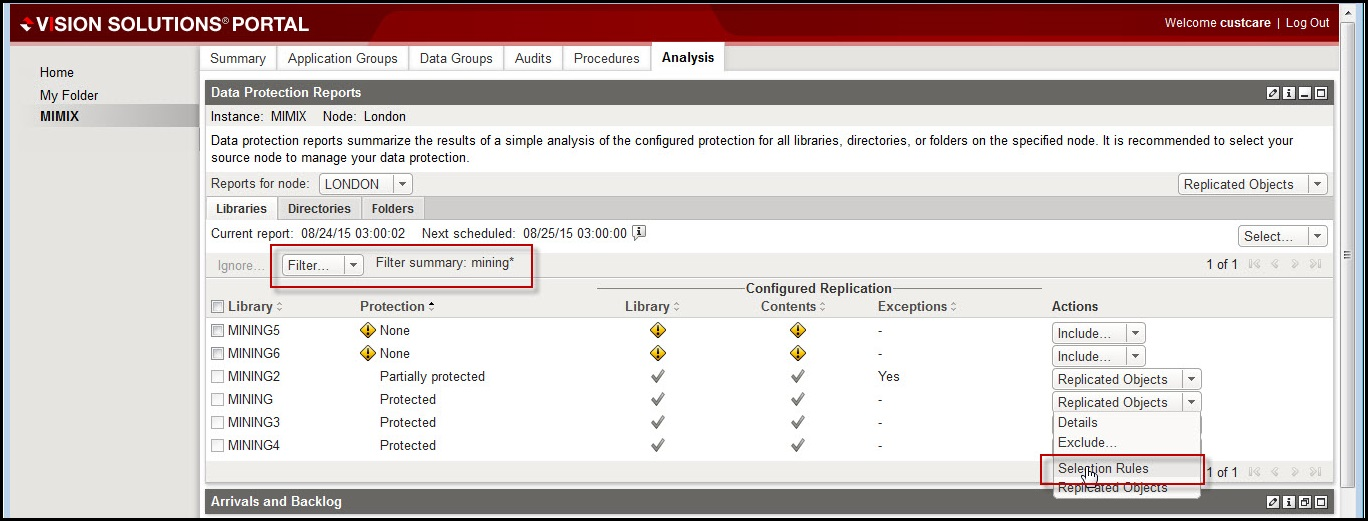 How do I remove a library from replication at MIMIX V8 and above?