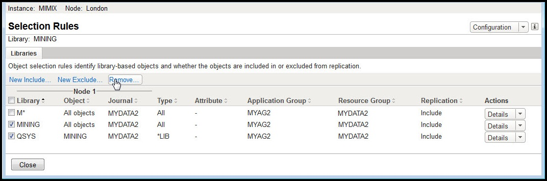 How do I remove a library from replication at MIMIX V8 and above?