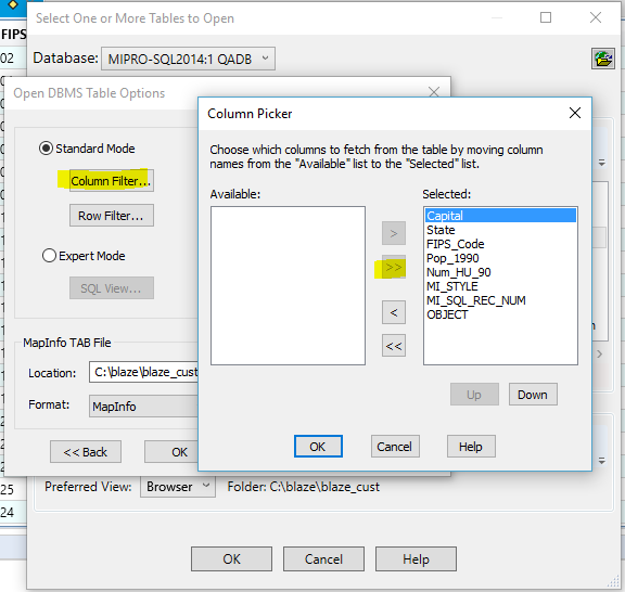 Displaying coordinate columns for a mappable DBMS table in MapInfo Pro 64-bit