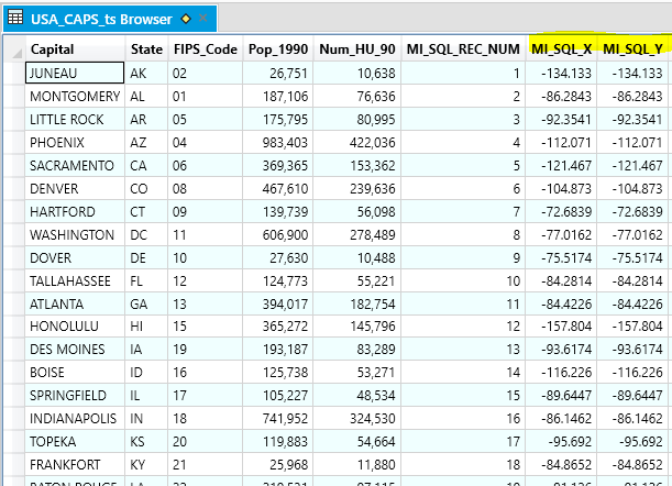 Displaying coordinate columns for a mappable DBMS table in MapInfo Pro 64-bit