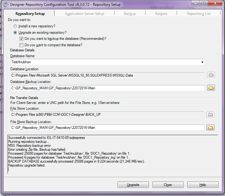 Error M93repository Backup Error Error Creating Zip Filebackup Has Failed In Engageone Designer