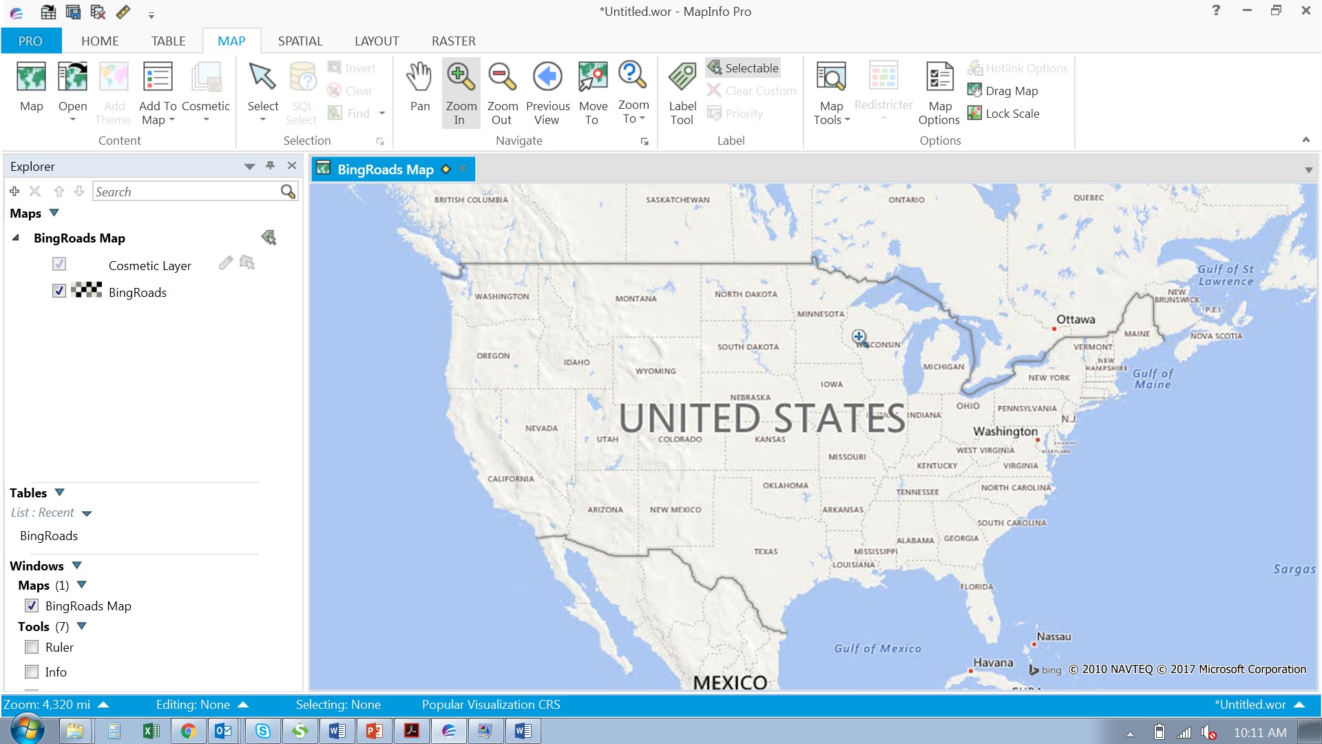 Bing imagery (Aerial, Hybrid, Roads) and MapInfo Pro