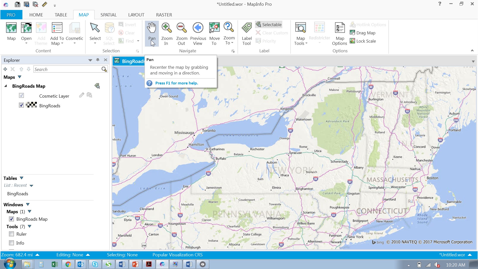 Bing imagery (Aerial, Hybrid, Roads) and MapInfo Pro