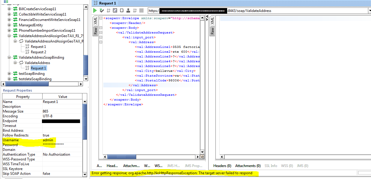 Target Server Failed To Respond Message While Sending A Service Request Via Soap Ui In Spectrum