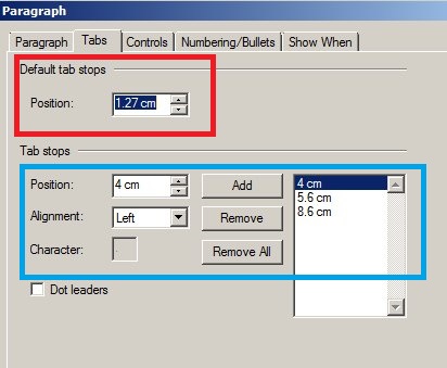 How to understand Tab Character Positions in DOC1 Designer