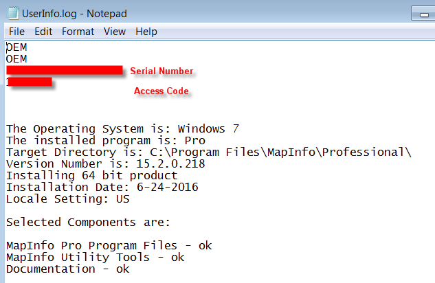 Finding the serial number and access code for a MapInfo Pro installation