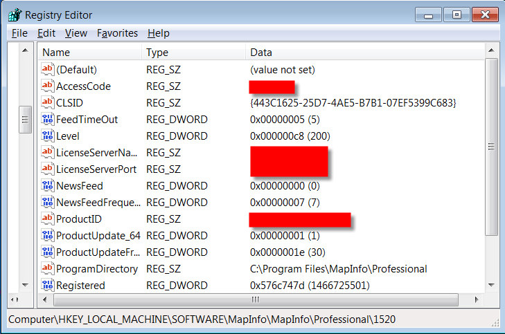Finding the serial number and access code for a MapInfo Pro installation