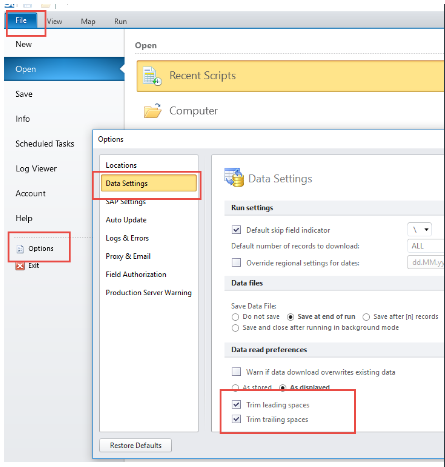 Winshuttle Studio 11 removing leading spaces