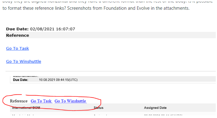 Evolve - How to format reference links in mail body?