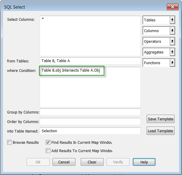 Querying for intersecting objects between two tables in MapInfo Pro