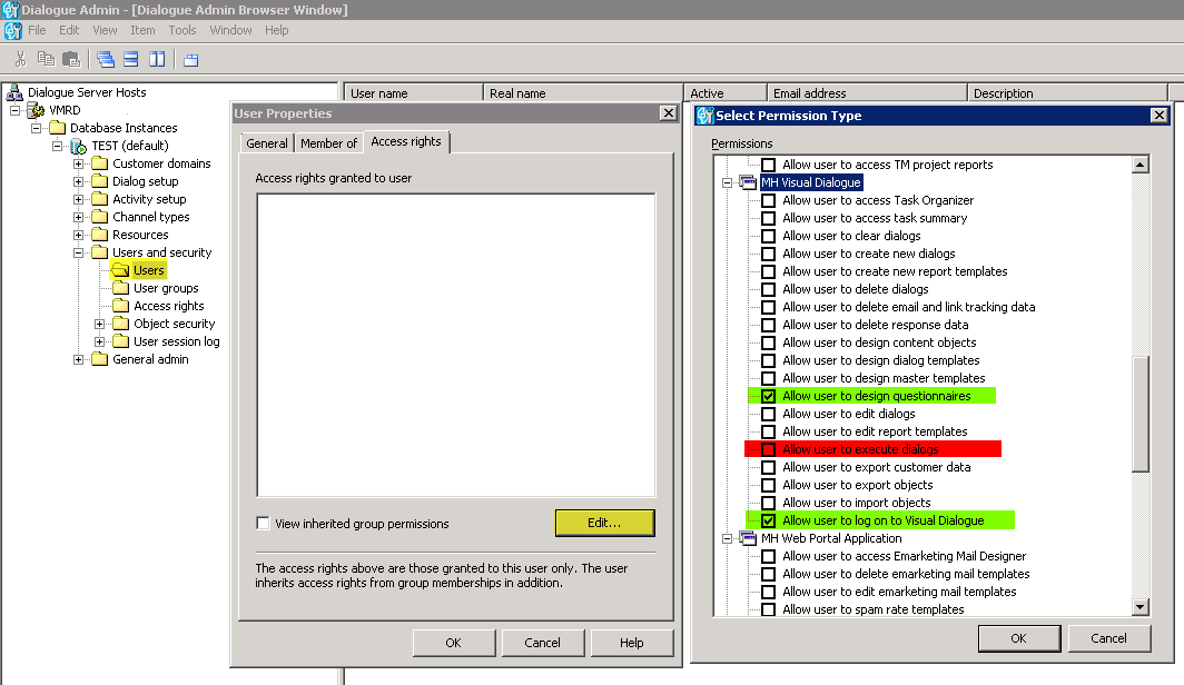 'Portrait Dialogue'. How does granting user rights in 'Dialogue Admin ...
