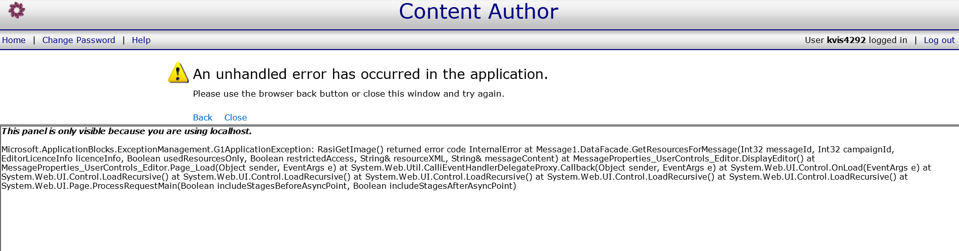 Error An Unhandled Error Has Occurred In The Application On Trying To
