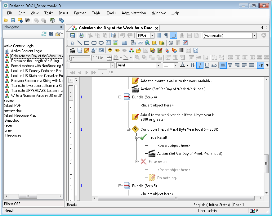 How to display the day of the week on a publication in Doc1 Designer