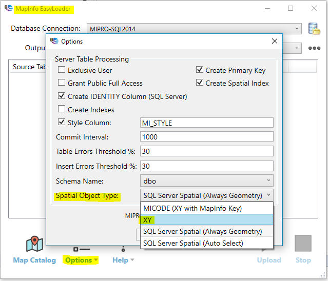 Displaying coordinate columns for a mappable DBMS table in MapInfo Pro 64-bit