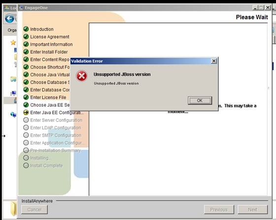 Unsupported JBoss version error while installing EngageOne but stated as supported in documentation