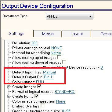 How to set input tray and output bin selection for AFP in EngageOne ...