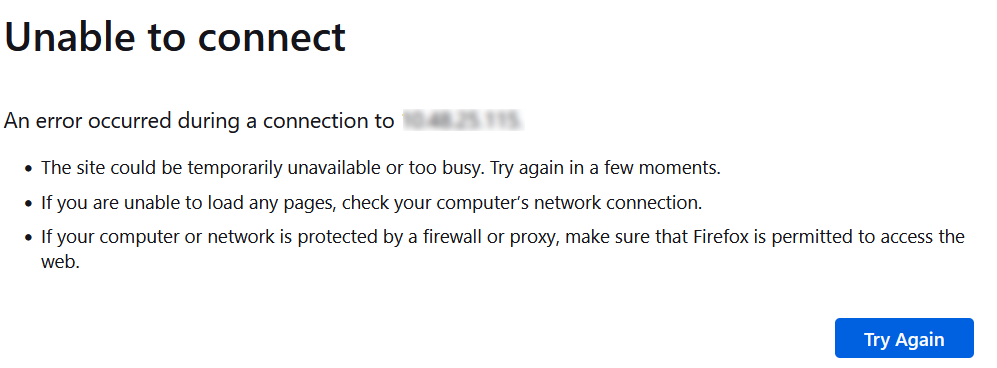 'Unable to connect' error from browser when trying to access AUI/VSP