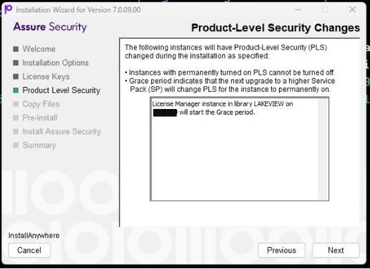 Product-Level Security (PLS) Changes panel during Assure Security ...