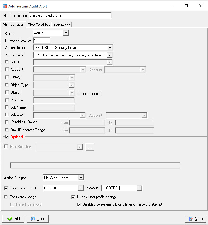 Enforcive: How to create an Alert to enable a USRPRF if it gets disabled?