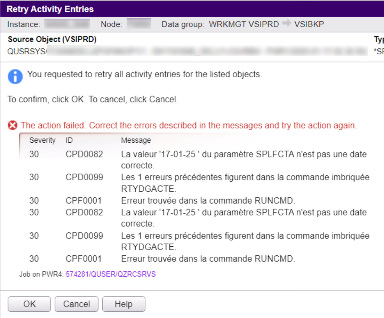 Assure MIMIX: Failure in AUI when retrying a failed activity entry for a spool file.