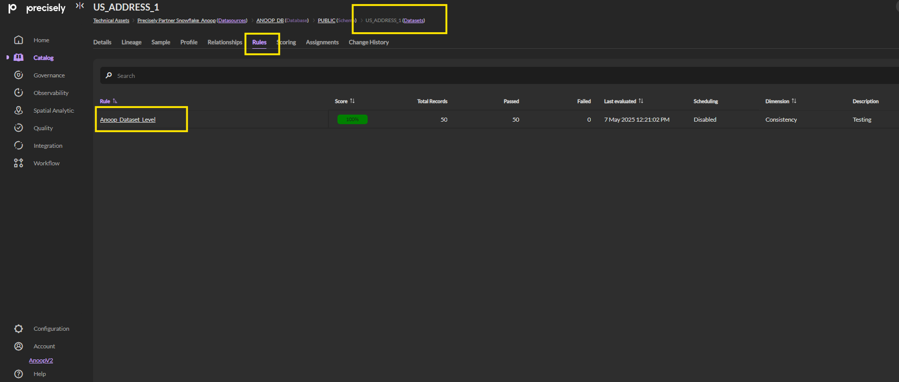 Check associated rule on Field or Dataset in Data Integrity Suite