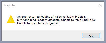 Resolving error in MapInfo Pro "unable to fetch Bing logo" when opening Bing Tiles