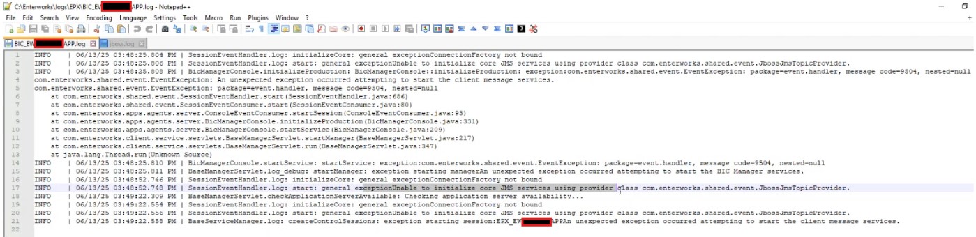 Enterworks EPX stopped processing work items and BIC logs were not updating