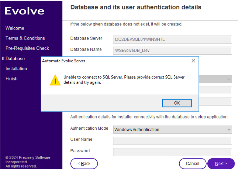 Automate Evolve- Unable to connect to SQL server. Please provide ...