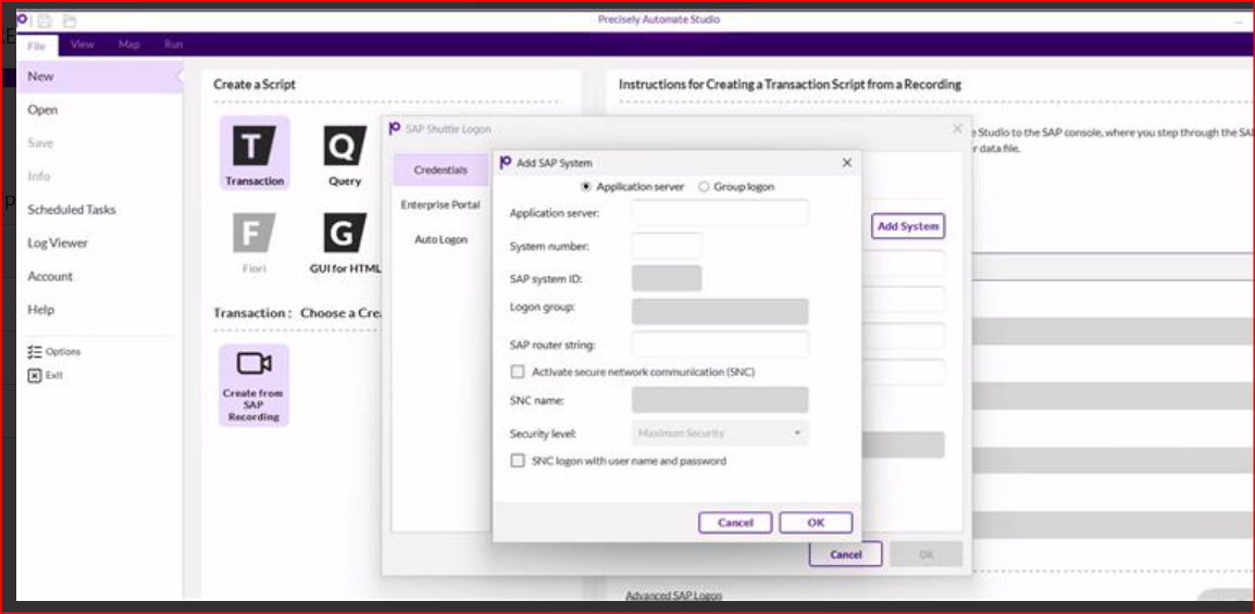 Fields are greyed out while adding a new SAP connection in Automate Studio