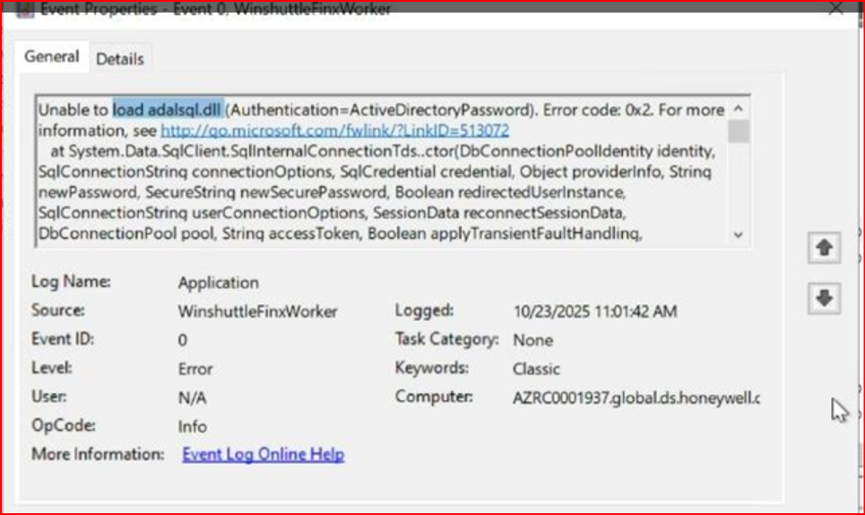 Unable to load adalsql.dll Authentication ActiveDirectoryPassword Error code: 0x2 in Automate Evolve