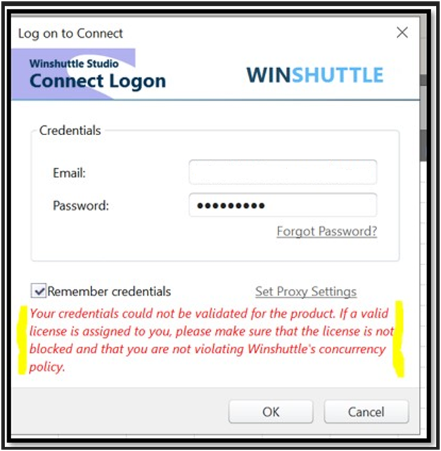 Automate Connect credentials could not be validated for the product